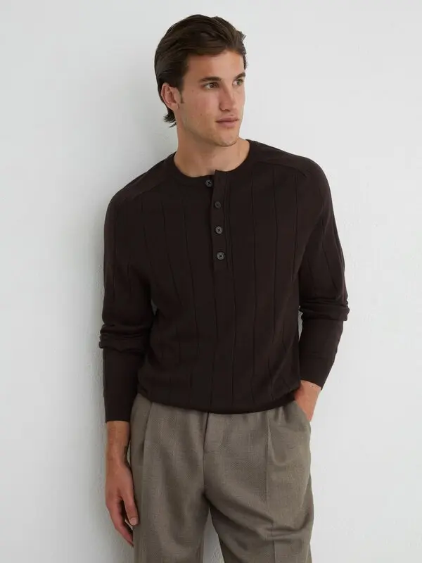REISS Cambourne Merino Wool Wide-rib Henley Jumper - Bitter Brown