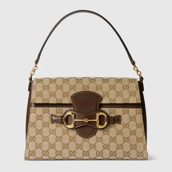 Gucci Medium Top Handle Bag With Horsebit Gg Canvas - Beige