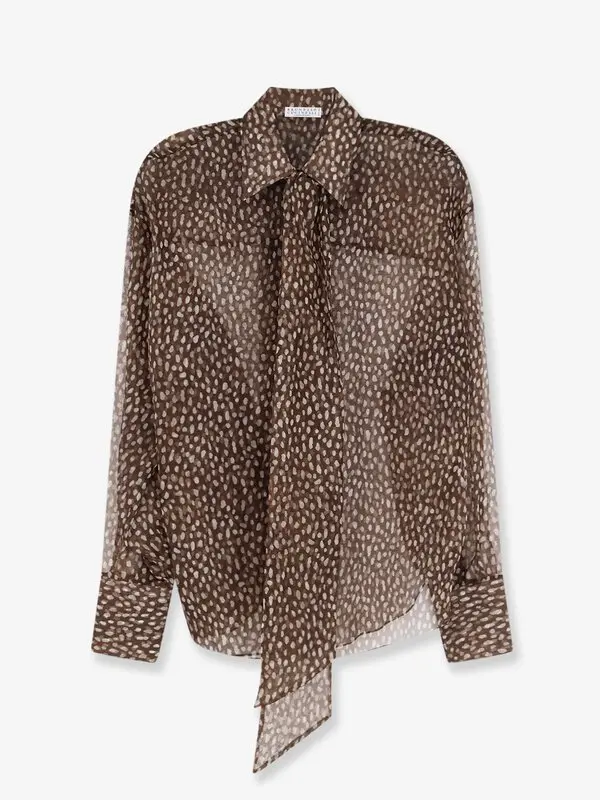 Brunello Cucinelli Sheer Silk Printed Long Sleeve Shirt With Bow Detail - Multicolor