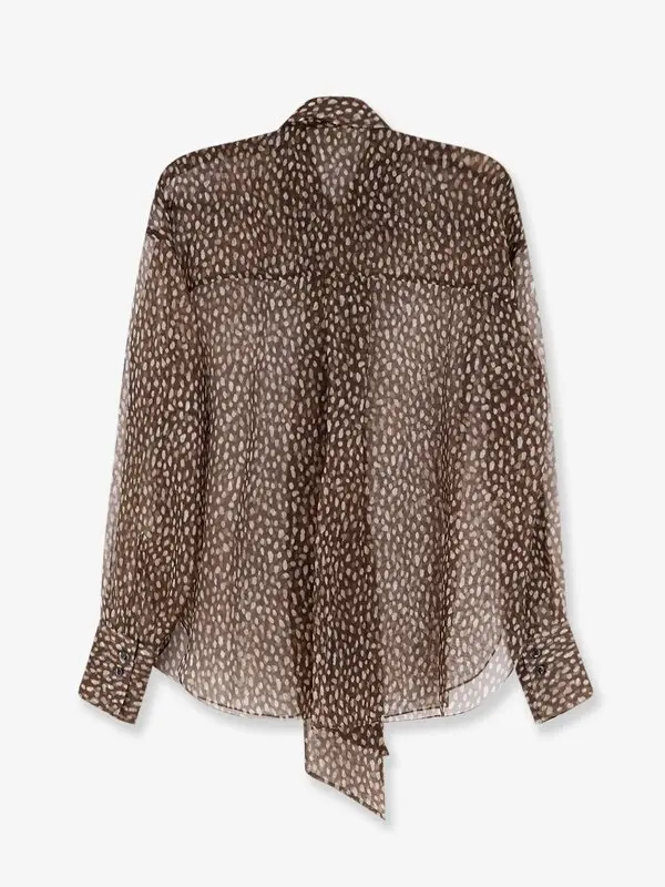 Brunello Cucinelli Sheer Silk Printed Long Sleeve Shirt With Bow Detail