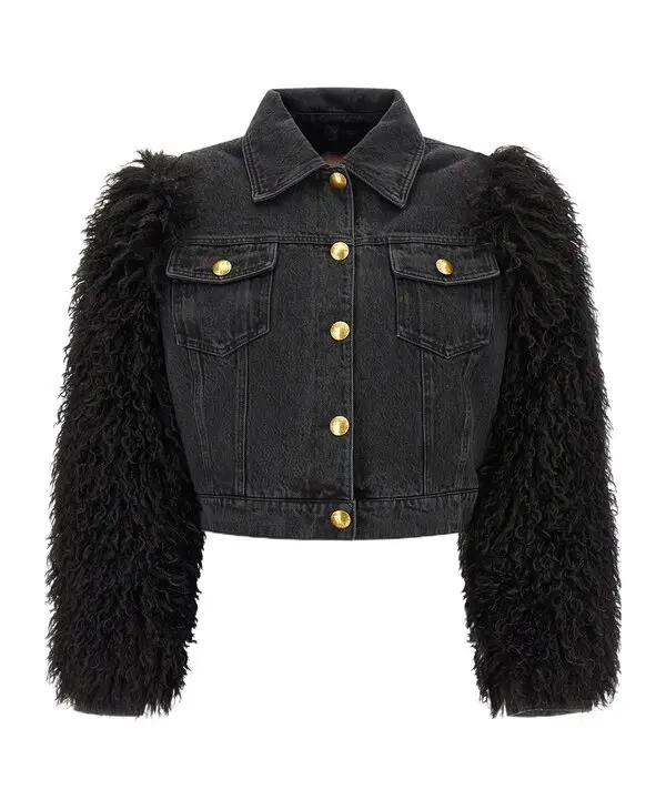 TWINSET Cropped Denim Jacket With Shearling Sleeves - Black