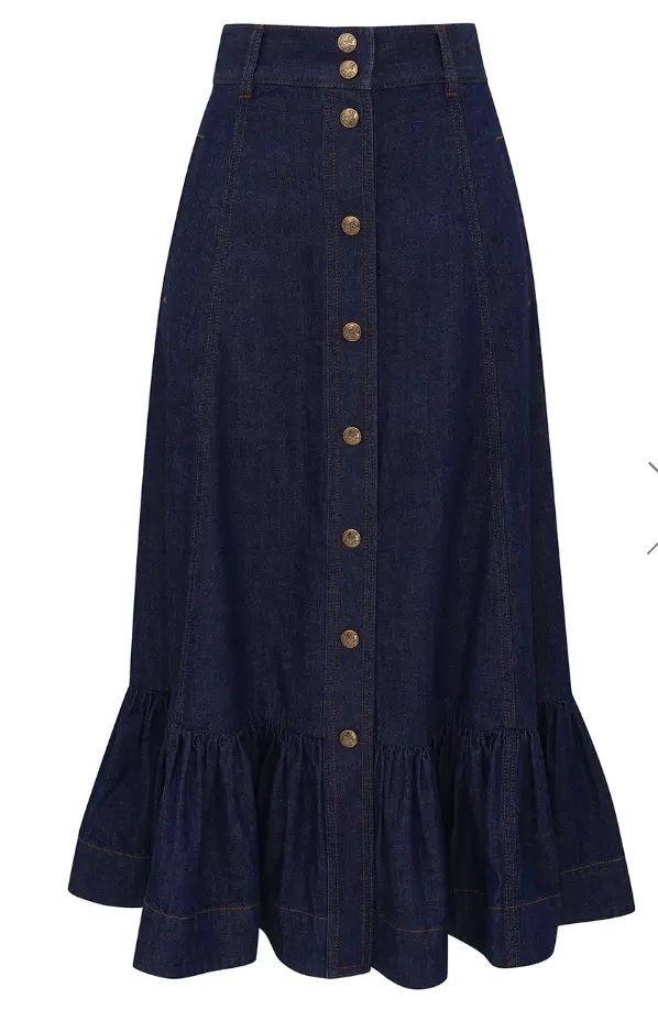 Zimmermann Aster Denim Frill Midi Skirt - Indigo