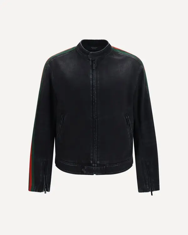Gucci Cotton Denim Biker Jacket With Web Stripe - Black