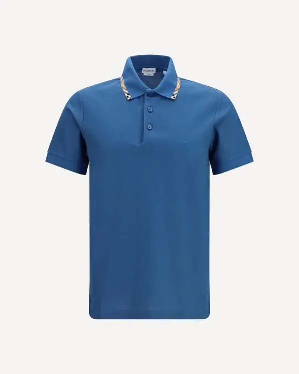 Burberry Cotton Polo With Check Tris Ale - Blue