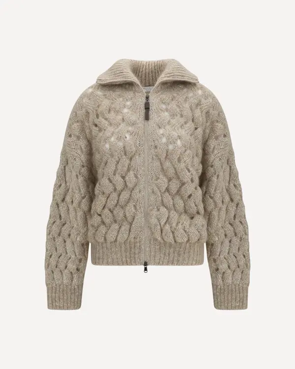 Brunello Cucinelli Mohair And Wool Blend Cardigan With Sequin Details - Beige