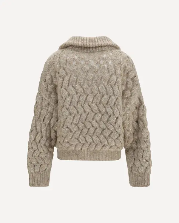 Brunello Cucinelli Mohair And Wool Blend Cardigan With Sequin Details - Beige