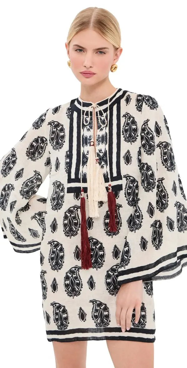 Johanna Ortiz Paisley Print Tunic Dress With Bell Sleeves - Ecru/black