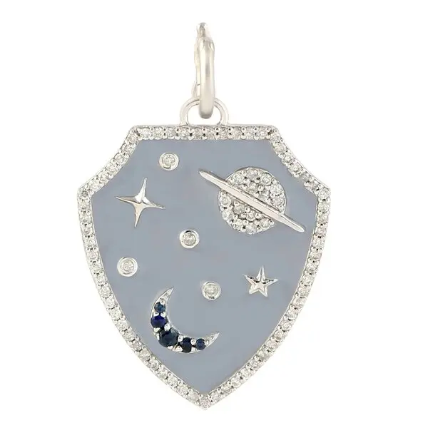 ARTISAN White / Blue Celestial Enamel, Sapphire And Diamond Shield Pendant In 14k White Gold - White/blue