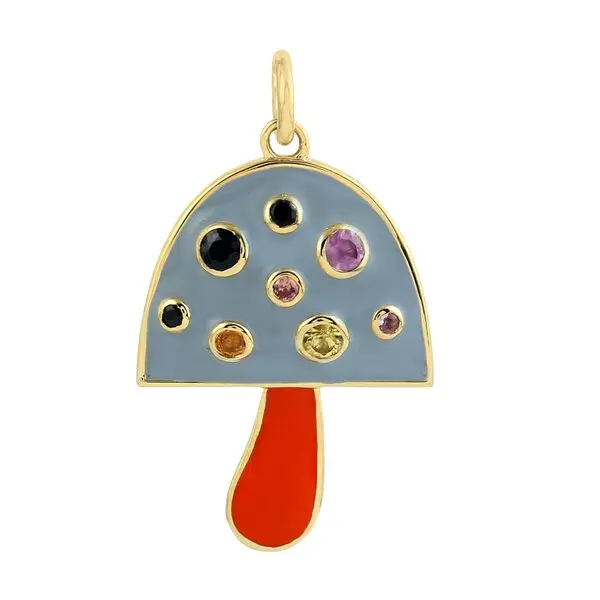 ARTISAN Multi Sapphire Enamel Mushroom Pendant In 14k Yellow