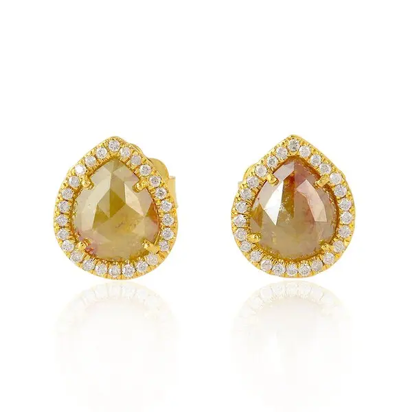 ARTISAN Gold / Brown Ice Diamond And Diamond Pear Halo Stud Earrings In 18k Yellow Gold - Gold/brown