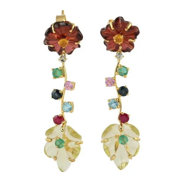 ARTISAN Carved Multi-gemstone Floral Drop Earrings In 18k Gold - Yellow