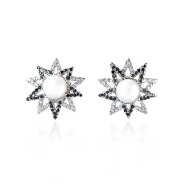 ARTISAN White / Black Pearl & Black Diamond Starburst Stud Earrings In 18k White Gold - White/black