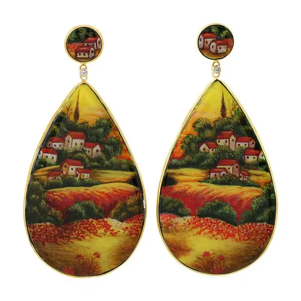 ARTISAN 18k Yellow Bakelite Enamel Landscape Diamond Drop Earrings - Gold