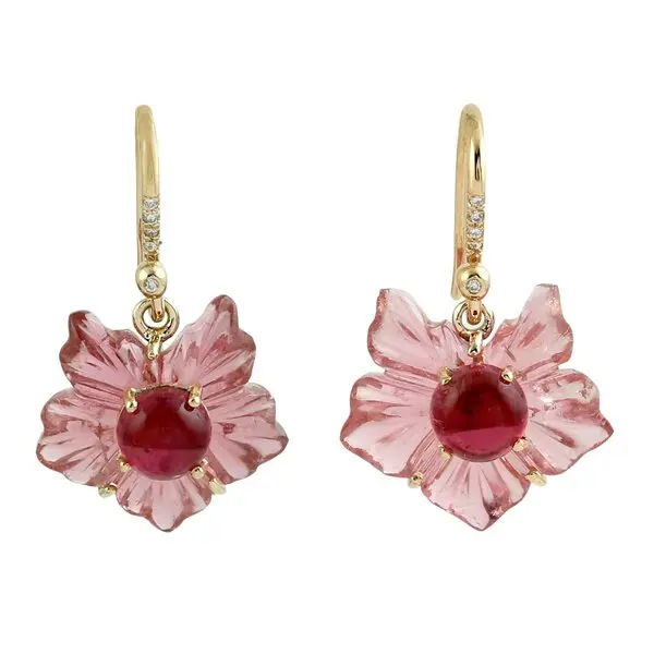 ARTISAN Carved Pink Tourmaline And Diamond Flower Earrings In 18k Yellow - Gold