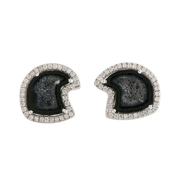 ARTISAN White / Black Black Geode & Diamond Stud Earrings In 18k White Gold