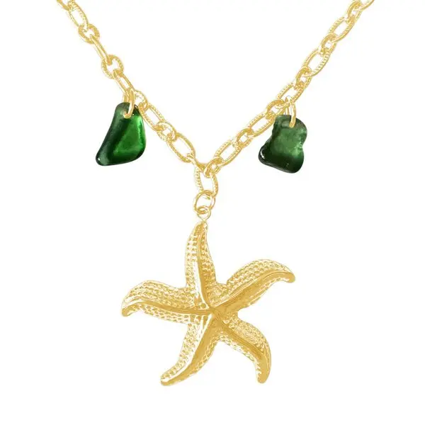 GLASSTYK Gold-plated Surgical Steel Starfish Necklace With Sea Glass