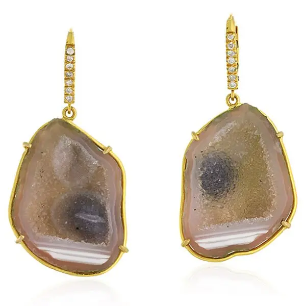 ARTISAN Gold / White / Brown Geode Slice Drop Earrings With Diamond In 18k Yellow Gold - Gold/white/brown