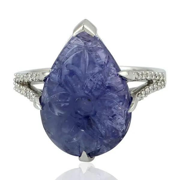 ARTISAN Blue / White 18k White Gold Carved Tanzanite & Diamond Flower Ring - Blue/white