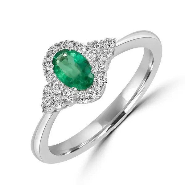 ARTISAN White / Green Diamond And Oval Emerald Halo Ring In 18k White Gold - White/green