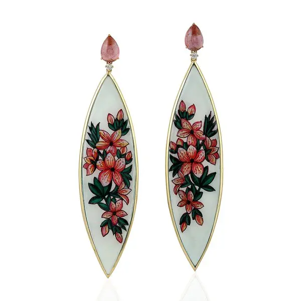 ARTISAN Bakelite & Enamel Floral Earrings With Pink Tourmaline And Diamonds In 18k Yellow Gold - Pink/yellow