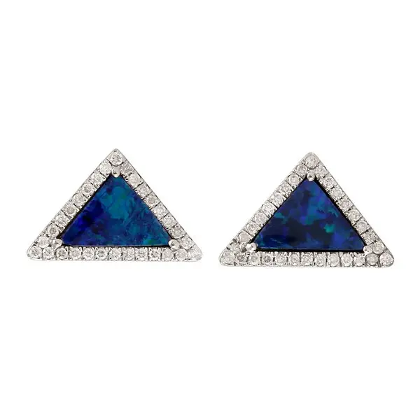 ARTISAN Blue / White Triangle Opal & Diamond Halo Stud Earrings In 18k White Gold - Blue/white