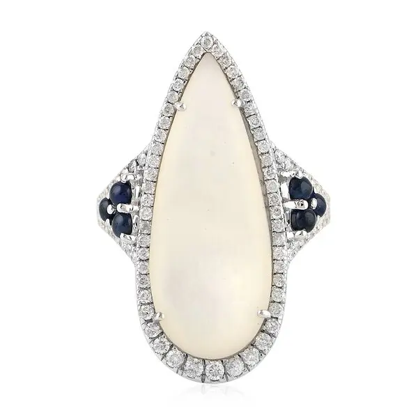 ARTISAN Statement Ring With Mother Of Pearl, Diamonds, And Blue Sapphires In 18k White Gold - White/blue