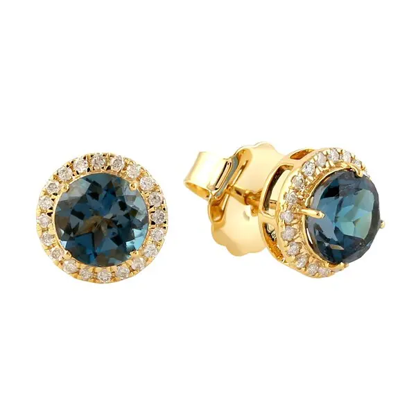 ARTISAN Yellow / White / Blue London Blue Topaz & Diamond Halo Stud Earrings In 18k Yellow Gold - Yellow/white/blue
