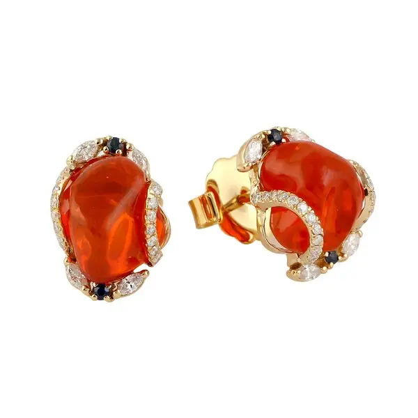 ARTISAN White / Gold Fire Opal, Diamond & Sapphire Stud Earrings In 18k Yellow Gold - White/gold