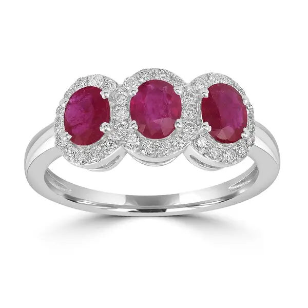 ARTISAN White / Pink Three-stone Ruby & Diamond Halo Ring In 18k White Gold