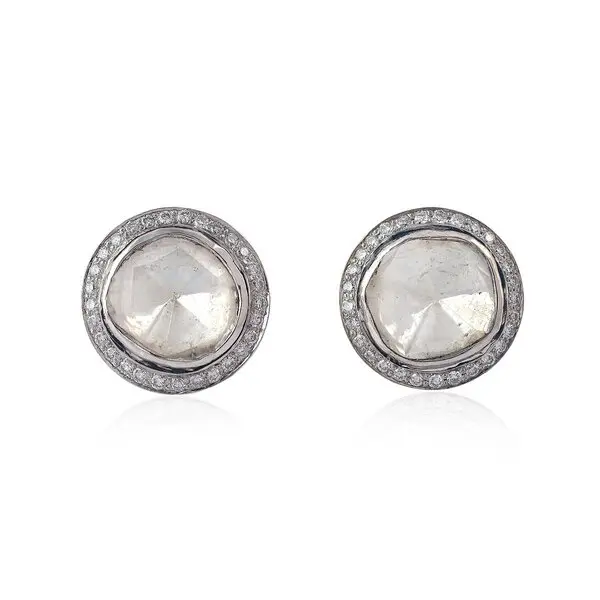 ARTISAN White / Gold Rose Cut Diamond & Diamond Halo Stud Earrings In 18k White Gold - White/gold