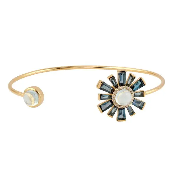 ARTISAN Blue / White / Gold Moonstone, Aquamarine & Blue Topaz Diamond Sunburst Cuff In 18k Gold - Blue/white/gold