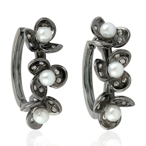 ARTISAN Pearl & Diamond Floral Hoop Earrings In 18k Oxidized Gold - White