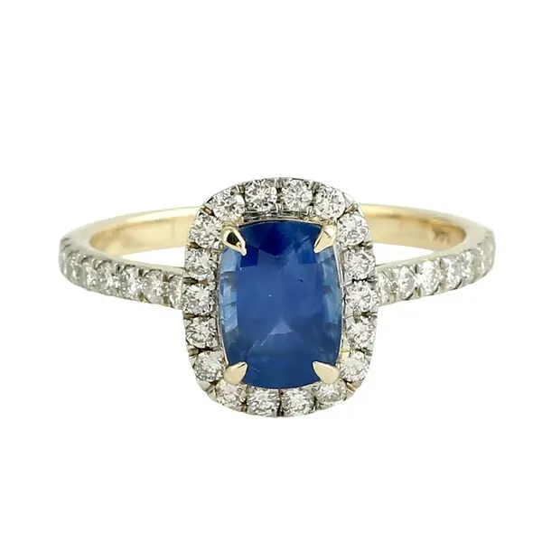 ARTISAN Blue / Gold / White Blue Sapphire & Diamond Cushion Halo Ring In 14k Yellow Gold - Blue/gold/white