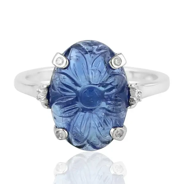 ARTISAN 18k White Gold Carved Tanzanite And Diamond Floral Ring - White/blue