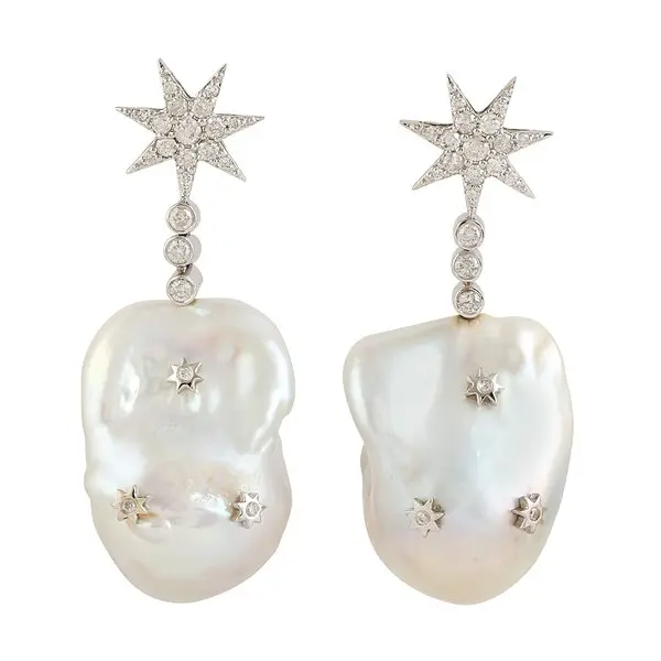 ARTISAN Baroque Pearl & Diamond Star Drop Earrings In 18k Gold