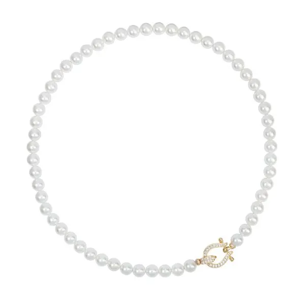 Arte Madrid Freshwater Shell Pearl Necklace With Paved Horseshoe Clasp - Gold