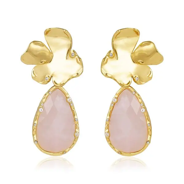 RARE MATTERS JEWELRY Rose Quartz Floral Drop Earrings - Pink