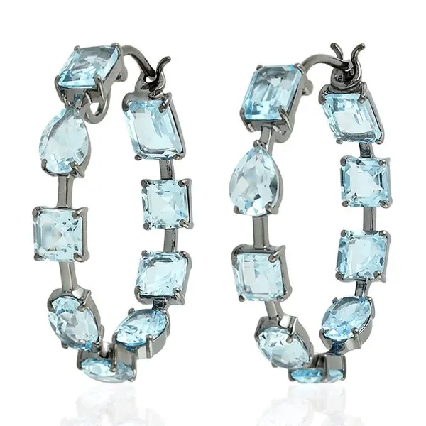ARTISAN Blue / Grey 18k White Gold Blue Topaz Gemstone Hoop Earrings - Blue/grey