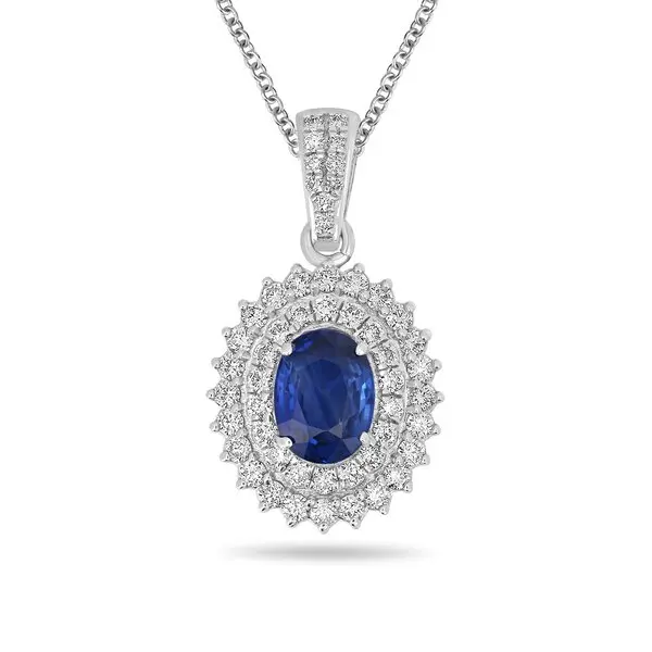 ARTISAN Oval Blue Sapphire And Diamond Double Halo Pendant In 18k White Gold - White/blue