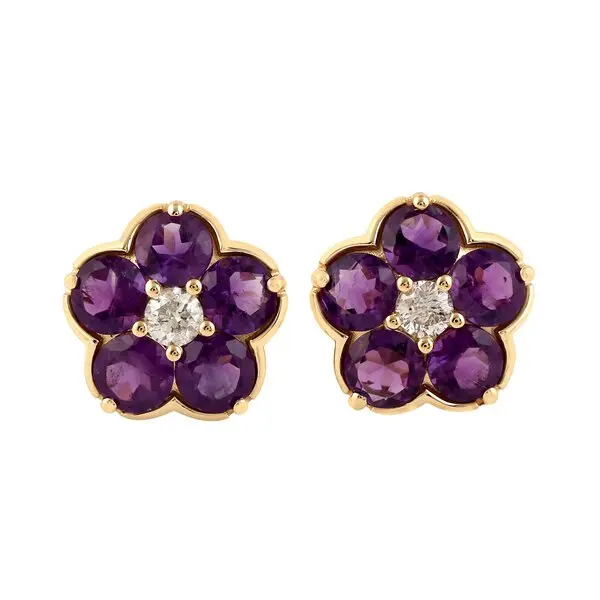ARTISAN Amethyst And Diamond Flower Stud Earrings In 18k Yellow Gold - Gold/white/purple