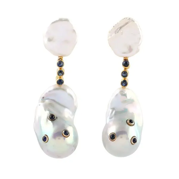 ARTISAN Blue / White / Gold 18k Gold Baroque Pearl & Blue Sapphire Drop Earrings - Blue/white/gold