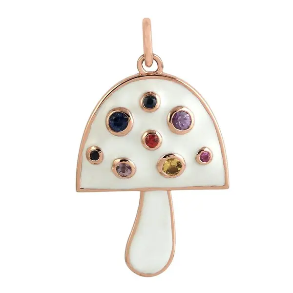 ARTISAN Multi Sapphire Mushroom Pendant In 14k Rose Gold With Enamel - Blue/yellow