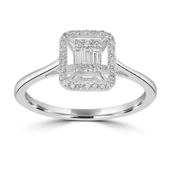 ARTISAN Geometric Baguette & Round Diamond Halo Ring In 18k Gold - White