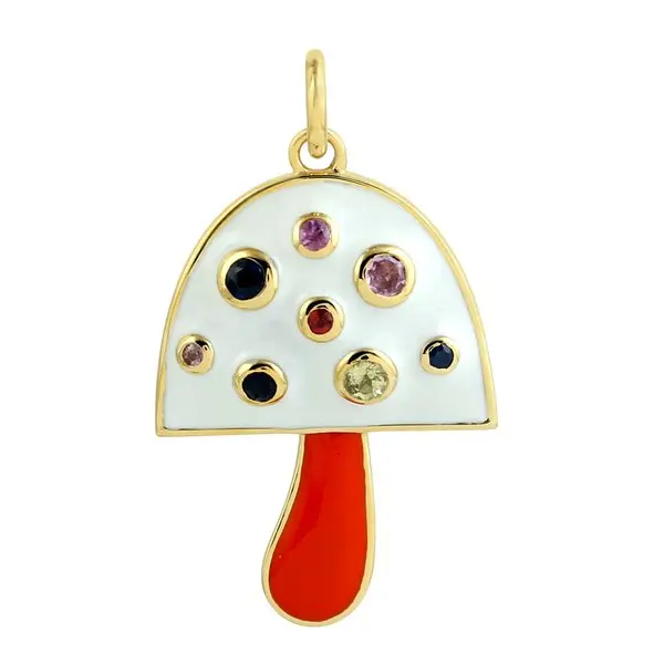 ARTISAN Multi Gemstone Enamel Mushroom Pendant In 14k Yellow - Gold