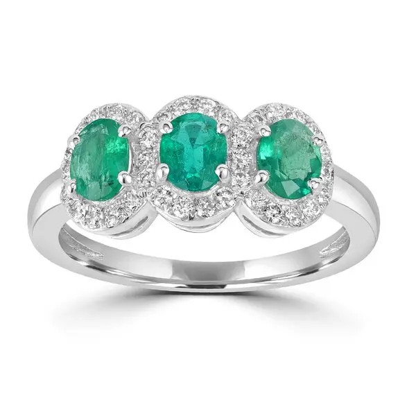 ARTISAN Three-stone Emerald Halo Ring In 18k White Gold