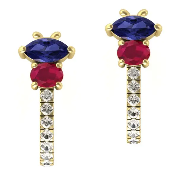 ARTISAN White / Blue Ruby, Blue Sapphire & Diamond Bar Drop Earrings In 18k Yellow Gold - White/blue