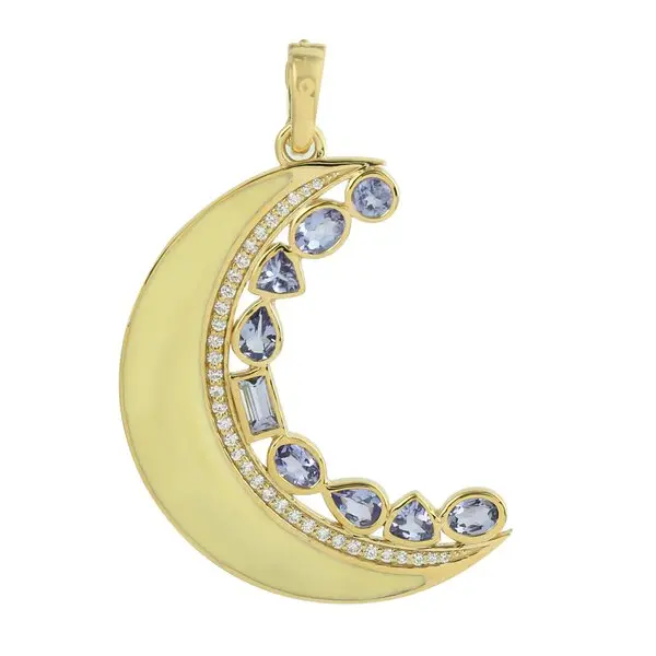 ARTISAN White / Blue / Yellow Tanzanite, Diamond & Enamel Crescent Moon Pendant In 14k Yellow Gold - White/blue/yellow