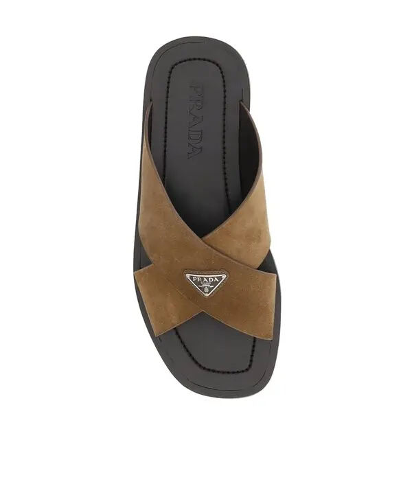 Prada Triangle Logo Criss-cross Slides - Tobacco