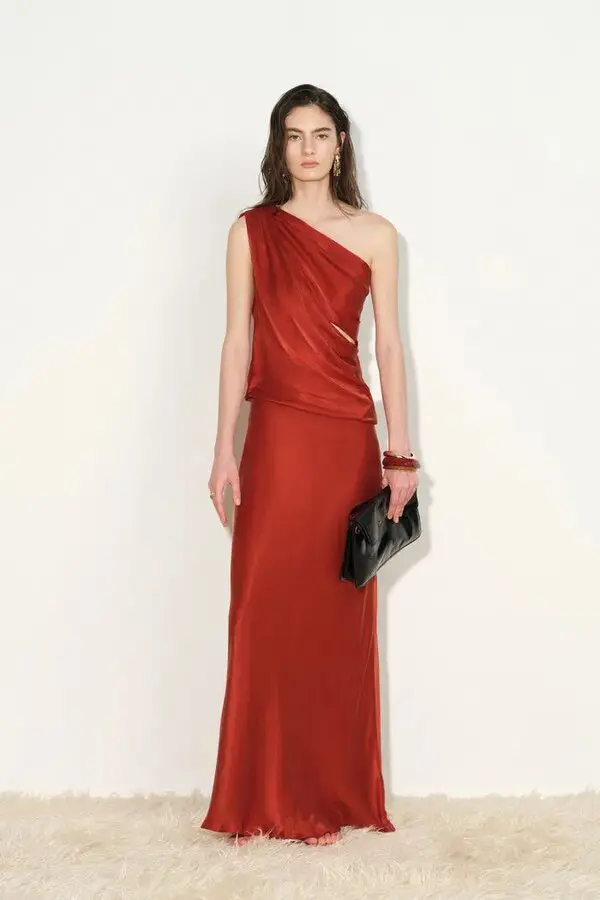 Fabrique Aurora Draped One Shoulder Top And Skirt Set - Red