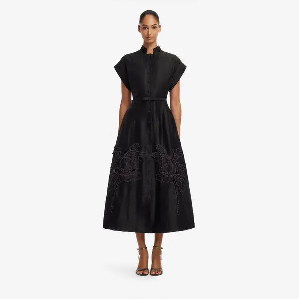 LEO LIN Aubrey Appliqué Shirt Midi Dress - Ebony